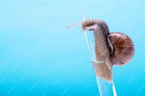 Escargot Sur Un Tube à Essai Chimique Sur Fond Bleu Avec Espace Pour Le