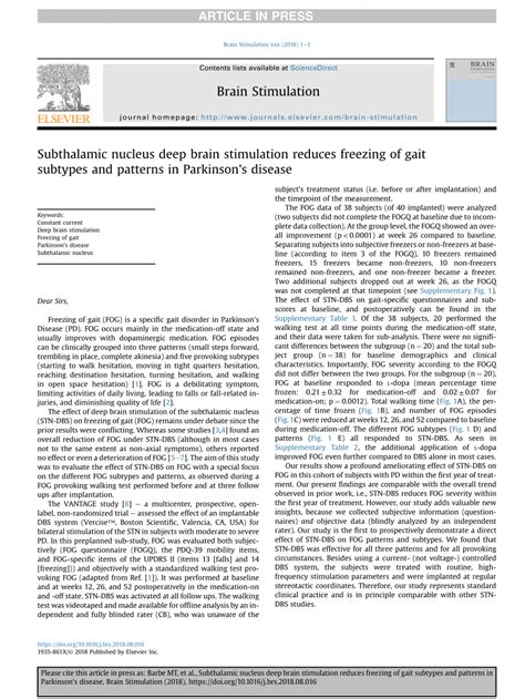 Pdf Subthalamic Nucleus Deep Brain Stimulation Reduces Freezing Of Gait Subtypes And Patterns
