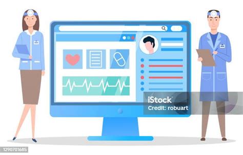 의사 컨셉 벡터 일러스트레이션 컴퓨터 의학적 응용 프로그램과의 온라인 의료 상담 개념에 대한 스톡 벡터 아트 및 기타 이미지 개념 구급대원 그래픽 사용자 인터페이스