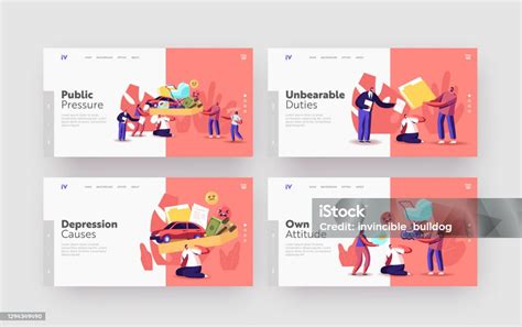 공공 압력 방문 페이지 템플릿 집합입니다 작은 문자는 남자 어깨에 사회 속성의 전체 거대한 상자를 넣어 돈벌이에 대한 스톡 벡터 아트 및 기타 이미지 Istock