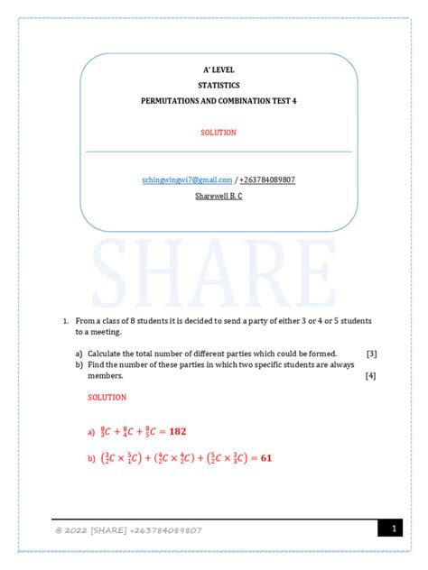 Test 4 Solution Permutations And Combinations Statistics Share Pdf