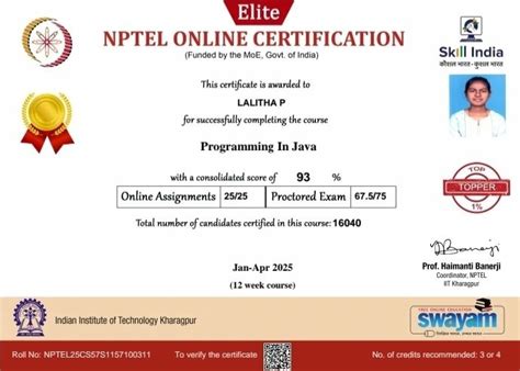 Nptel Iitkharagpur Javaprogramming Topperformer Professionaldevelopment Skillindia Oop