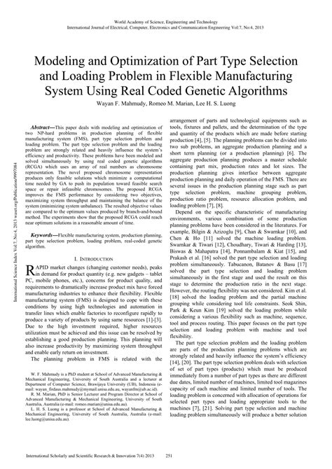 Pdf Modeling And Optimization Of Part Type Selection And Loading Problems In Flexible