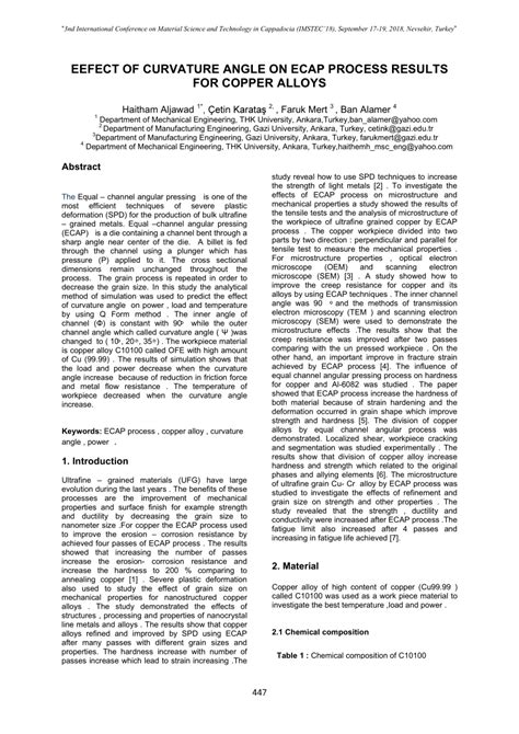 Pdf Eefect Of Curvature Angle On Ecap Process Results For Copper Alloys