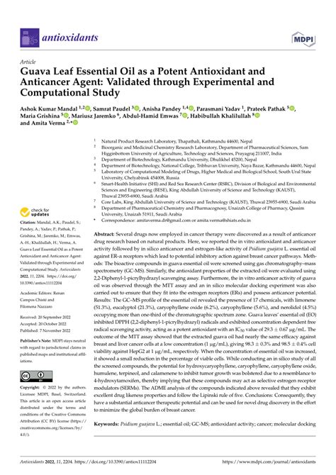 Pdf Guava Leaf Essential Oil As A Potent Antioxidant And Anticancer Agent Validated Through