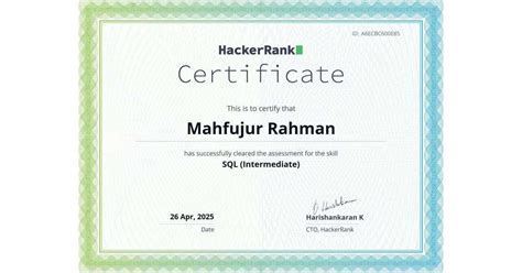 Sql Intermediate Certification From Hackerrank Mahfujur Rahman