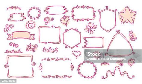 분홍색 채우기 낙서 손으로 그린 곡선 프레임 세트 꽃 라벨 방패 육각형 삼각형 리본 라벨 테이프 꽃 물결 선 0명에 대한 스톡 벡터 아트 및 기타 이미지 Istock