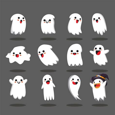 할로윈 귀여운 유령 세트 그림 프리미엄 벡터