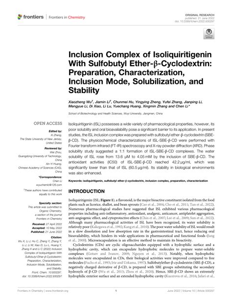 Pdf Inclusion Complex Of Isoliquiritigenin With Sulfobutyl Ether β Cyclodextrin Preparation