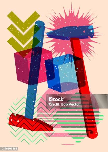 기하학적 모양의 Risograph Hammer 트렌디한 Riso 그래프 인쇄 질감 스타일의 개체와 기하학적 요소가 있는 디자인 강철에 대한 스톡 벡터 아트 및 기타 이미지