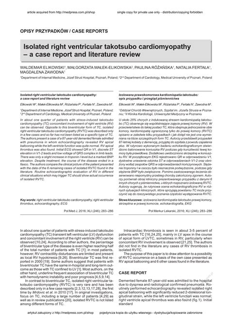 Pdf Isolated Right Ventricular Takotsubo Cardiomyopathy A Case Report And Literature Review