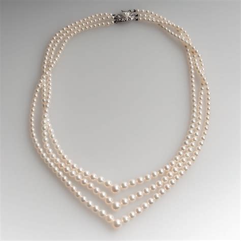 Mikimoto Three Strand Graduated Pearl Necklace Sterling Clasp