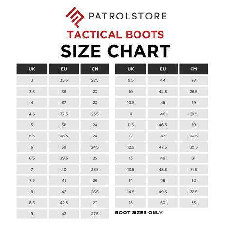 Tactical Boot Size Chart Patrol Store