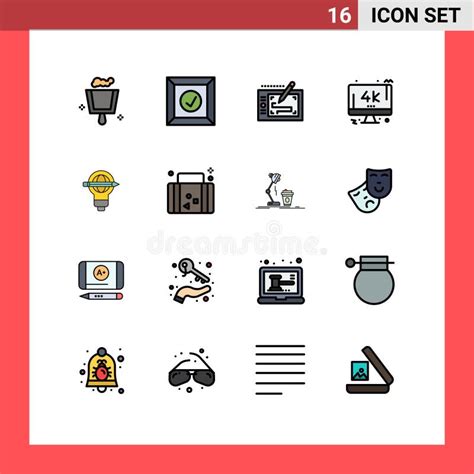 Pictogram Set Of 16 Simple Flat Color Filled Lines Of Bulb Pen