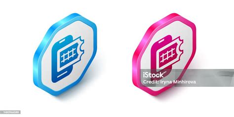 아이소메트릭 온라인 티켓 예약 및 구매 앱 인터페이스 아이콘은 흰색 배경에 격리되어 있습니다 전자 항공권 주문 화면에 전자 기차표 육각형 버튼 벡터 3차원 형태에 대한 스톡