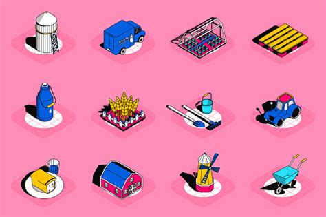농업 소스 3d 아이소메트릭 아이콘 세트 곡물 창고 유제품 수확 온실 밀 원예 도구 농가 및 기타의 포장 요소 현대 아이소메트릭 디자인의 벡터 일러스트 레이 션 등측투영법에
