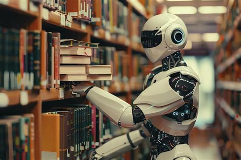 A Futuristic Robot Librarian Stacking Books In Perfect Order Highlighting The Role Of Ai In