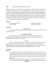 CHM 116 Pre Lab Determination Of Equilibrium Constant Pdf Title Determination Of An