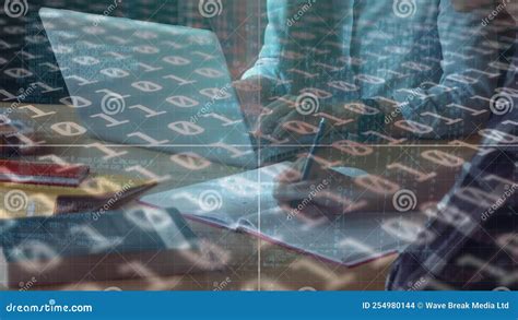 animation of binary code circle with rays over midsection of caucasian