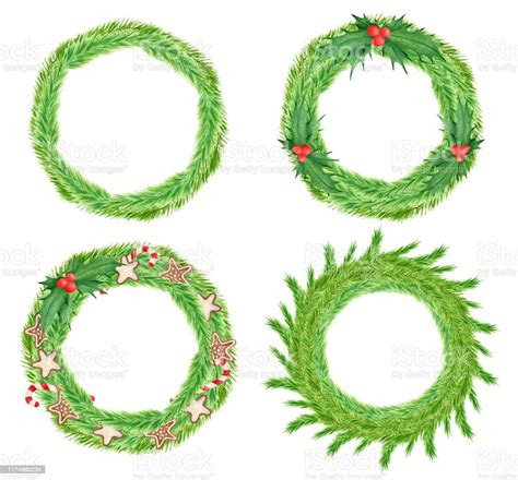 수채화 다채로운 크리스마스 화환 세트입니다 가문비 나무 가지 호랑 가시 나무 잎과 열매 진저 브레드 별과 사탕 지팡이 흰색 배경에 고립 된 최소한의 화려한 손으로 그린 문