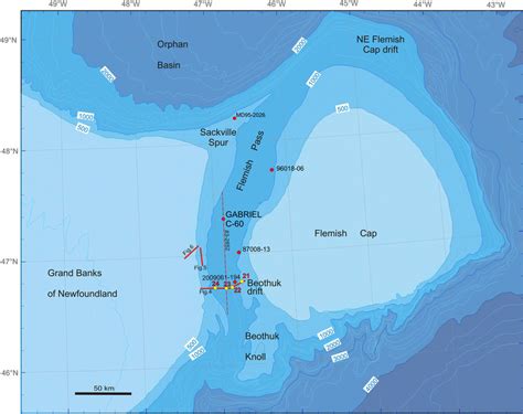 Bathymetric Map Of Flemish Pass Showing The Locations Of Cores Yellow Download Scientific