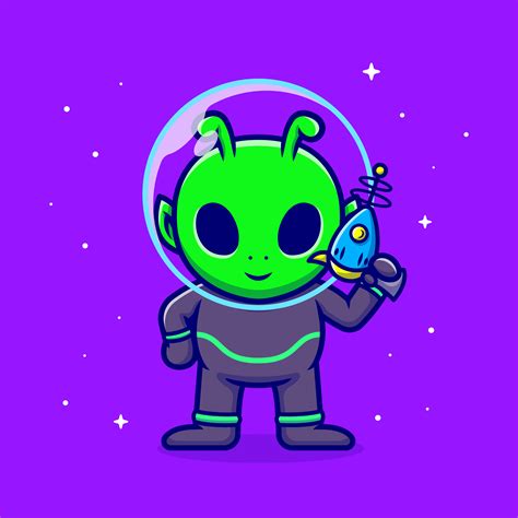 Cute Alien Holding Gun Weapon Cartoon Vector Icon Illustration Sience