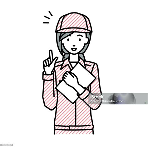 포인팅 핸드 제스처로 서있는 아이디어를 얻는 블루 칼라 노동자 여성 가리키기에 대한 스톡 벡터 아트 및 기타 이미지 가리키기
