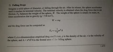 Solved 2 Falling Drops Imagine Solid Sphere Diameter D Falling Air