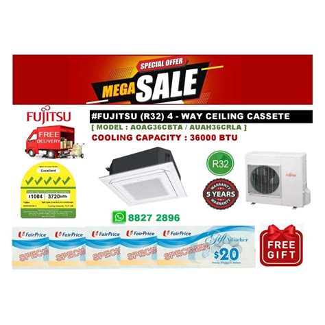 Fujitsu R32 Ceiling Cassette 36000 Btu Free Ntuc Voucher Free Delivery Free Consultation