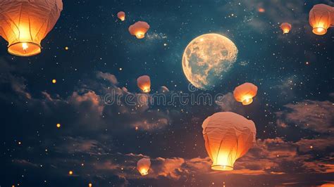 Magical Night Sky With Floating Lanterns And Full Moon Stock Image
