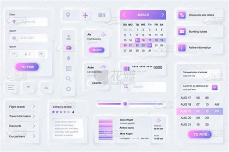 预订旅行移动应用程序的用户界面元素。独特的气动设计ui Ux Gui Kit元素模板新写实主