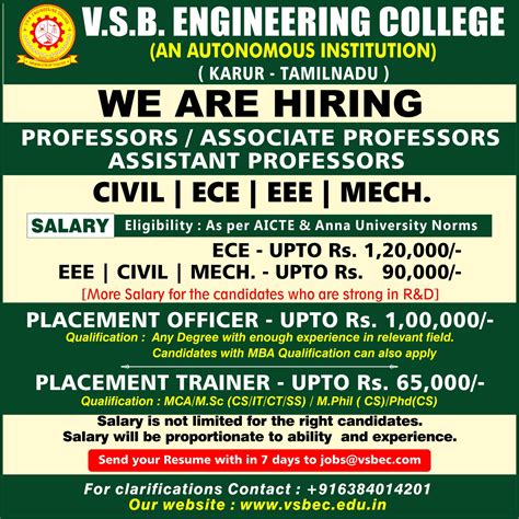 Vsb Engineering College Karur Faculty Openings 2025 Facultyplus