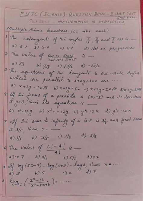 F Yjc Science Question Bank Ii Unit Test Subject Mathematics And Stati
