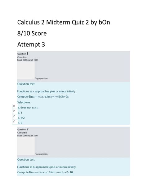 Calculus 2 Midterm Quiz 2 Pdf Derivative Function Mathematics