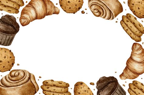 크루아상 나선형 시나몬 롤 쿠키 머핀 과자 베이커리 음식 개념 수채화 프레임입니다 베이커리 제품 상품 카드 Bakehouse 및 Bakeshop를 위한 로고의 상표 그리고