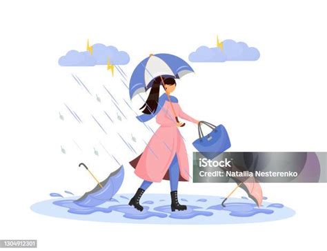 폭우 플랫 컬러 벡터 얼굴없는 문자 계절별 뇌우 우산을 들고 비옷을 입은 여성 폭풍에서 야외웅덩이 나쁜 가을 날씨 고립 된 만화