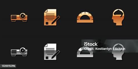 영화 영화 미디어 프로젝터 시험 시트 및 연필 Pro트랙터 그리드 및 인간의 두뇌 아이콘을 설정합니다 벡터 각도에 대한 스톡 벡터 아트 및 기타 이미지 Istock