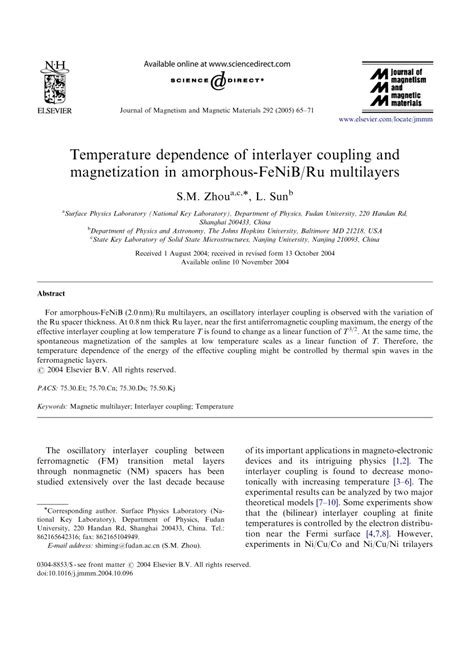 Pdf Temperature Dependence Of Interlayer Coupling And Magnetization In Amorphous Fenibru