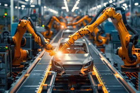 Automobile Assembly Line Production Automated Robot Arm Welding In A Car Factory Stock Image