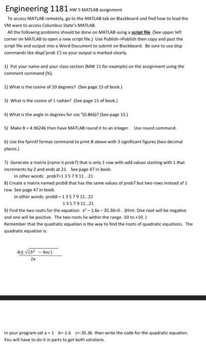 Solved Engineering 1181 Hw S Matlab Assignment To Access