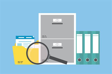 돋보기 및 파일 바인더가있는 저장 상자 문서가있는 폴더 파일 검색 파일 관리자 데이터 저장소 및 인덱싱 일러스트레이션에 대한 스톡 벡터 아트 및 기타 이미지 Istock