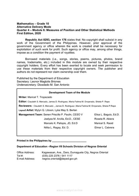 mathematics quarter 4 module 6 measures of position and other statistical methods grade 10