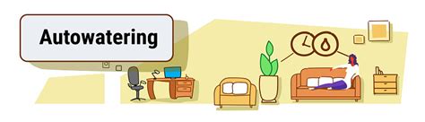 자동 급수 응용 프로그램 스마트 하우스 기술 시스템 개념 현대 거실 인테리어 스케치 흐름 스타일 수평 배너를 사용 하 여 여자 앉아 소파 가정의 방에 대한 스톡 벡터 아트