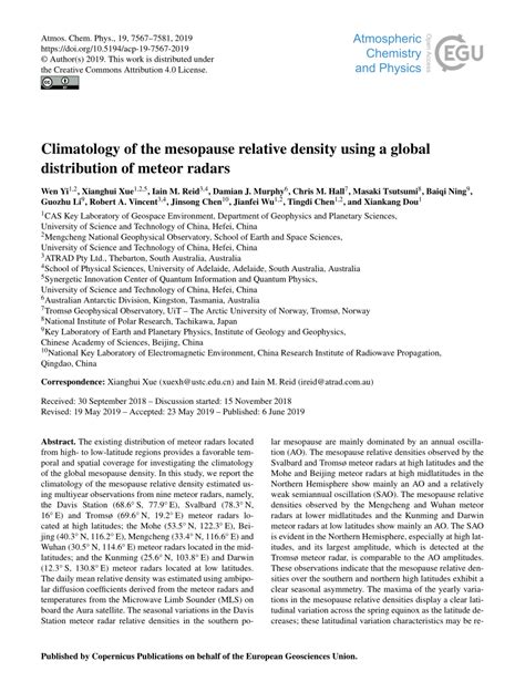 Pdf Climatology Of The Mesopause Relative Density Using A Global