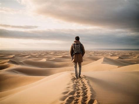 Premium Photo A Lone Traveler Atop A Sand Dune In Desert