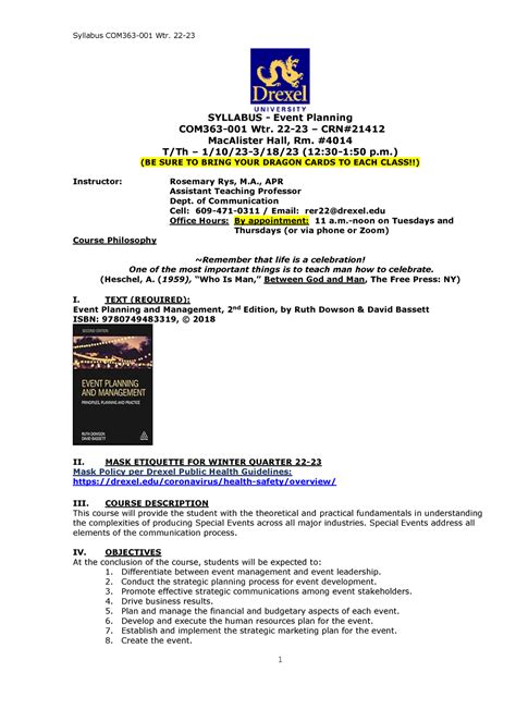 Com363 001 Event Planning Syllabus Crn21412 Wtr 22 23 Syllabus