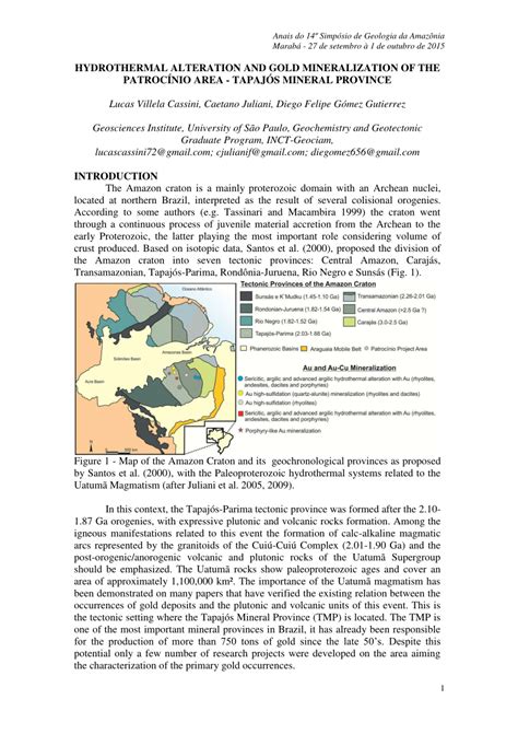 Pdf Hydrothermal Alteration And Gold Mineralization Of The PatrocÍnio Area TapajÓs Mineral