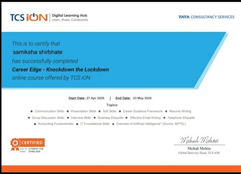 Samiksha Shirbhate On Linkedin Course Certificate Completed Tcsion Nptel
