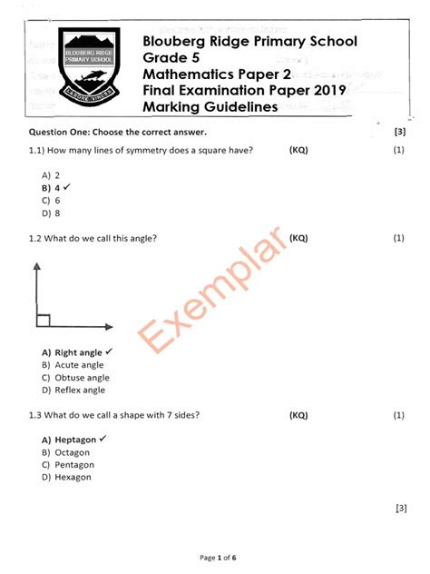 Grade 5 Mathematics Paper 2 Final Examination 2019 Marking Guidelines 1 Pdf