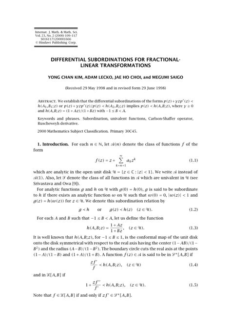 Pdf Differential Subordinations For Fractional Linear Transformations